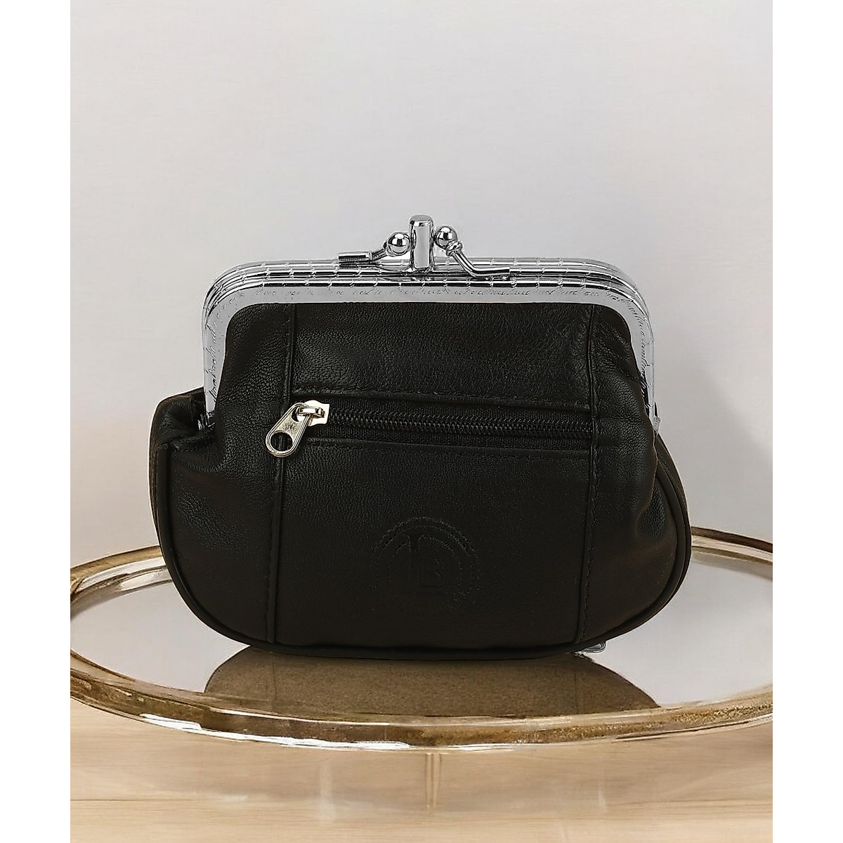 Women's Leather Metal Frame Double Clasp Zipper Coin Purse 5 1/4" x 3 1/4" (Black)