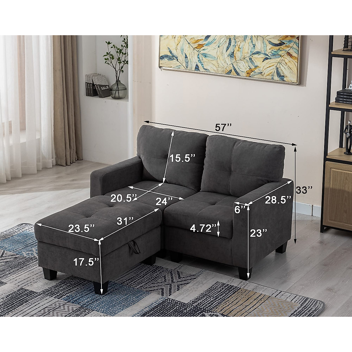 Aeffze Love Seat Sofa with Storage Ottoman Convertible Velvet 2 Seater Modular Sectional Modern Reversible Couch for Living Room Apartment Small Space (Dark Grey) (F8001-HOME)