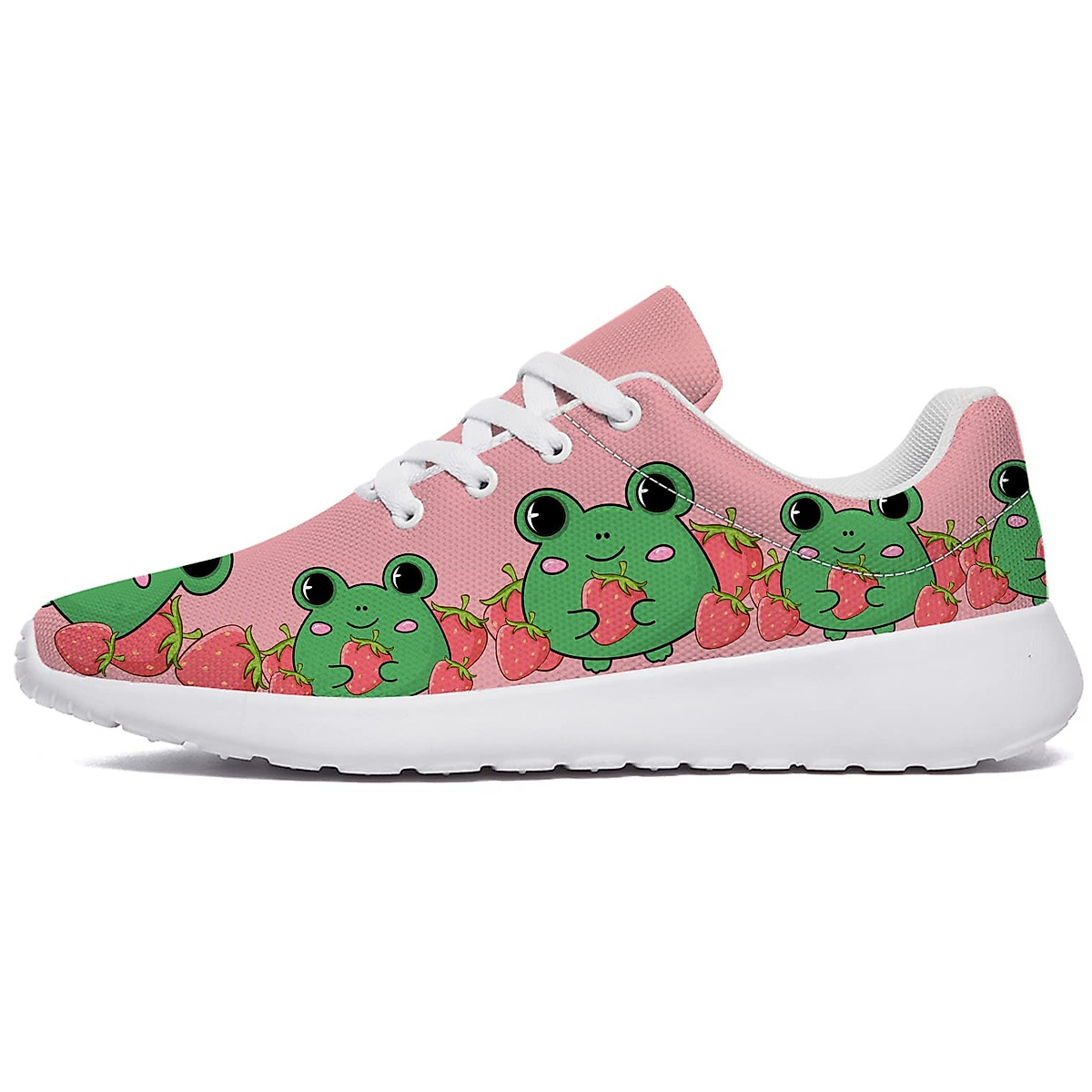 Pink Cute Strawberry Frog Sneakers for Women Girl,Personalized Lightweight Soft Tennis Running Shoes Gifts for Ladies Sister,US Size 9 Women/7.5 Men