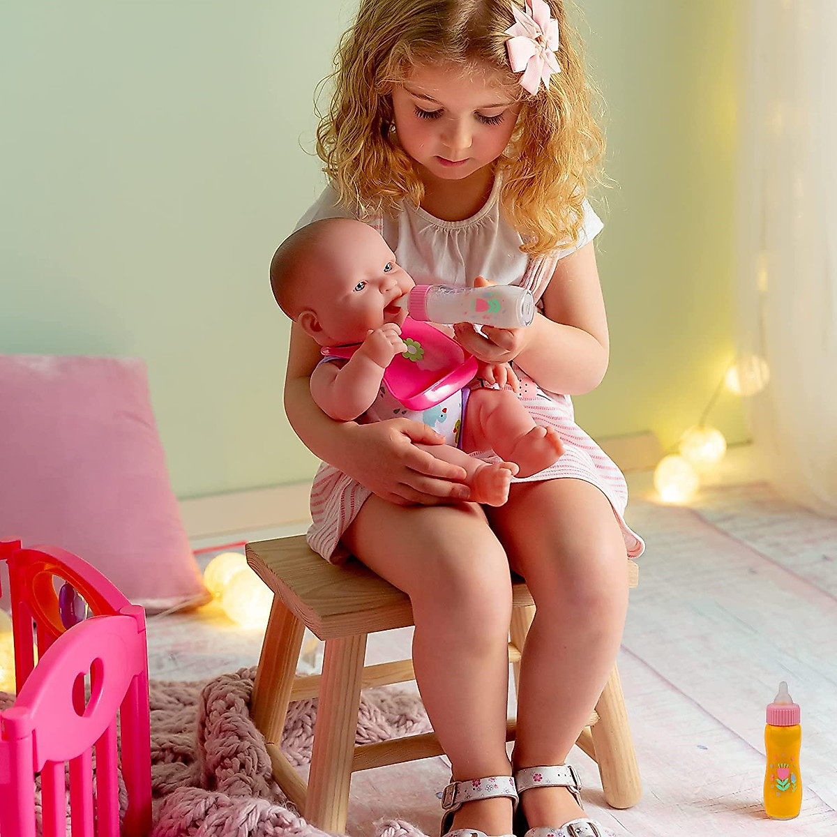 JC Toys Deluxe Disappearing Magic Bottles | Fits All Dolls | Milk and Juice | Flower Theme | Ages 2+ , Pink