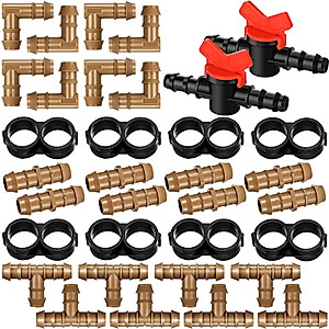 34 Pieces Drip Irrigation Fitting Kit 1/2 Inch Tubing Set, 2 Switch, 8 Tee, 8 Coupling, 8 Elbow and 8 End Cap Plastic Plug, Drip Irrigation Barbed Connector for Compatible Drip or Sprinkler System
