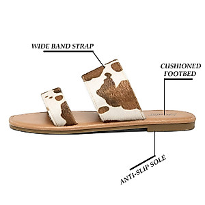 katliu Women's Flat Sandals Two Strap Slide Sandals Open Toe Cow Print Brown 8