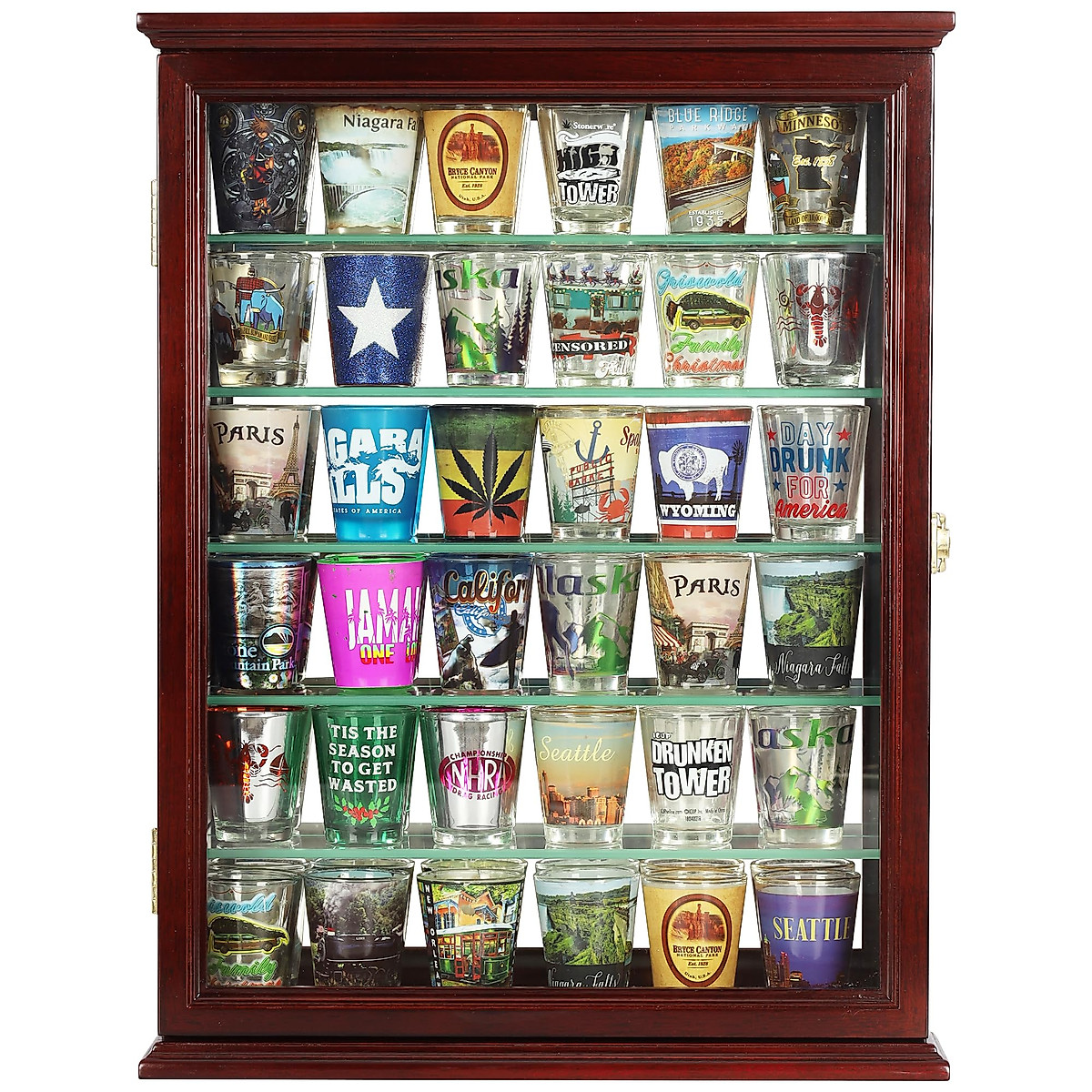 36 Shot Glass Display Case Wall Cabinet Holder Rack with Glass Door - Cherry Finish (SCD06B-CH)