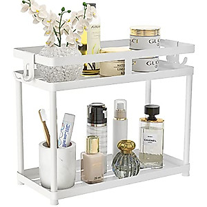 FLE Under Sink Organizer, 2 Tier Metal Under Bathroom Sink Storage Baskets with Hooks, Self Adhesive White Under Sink Shelf Organizer for Bathroom Kitchen