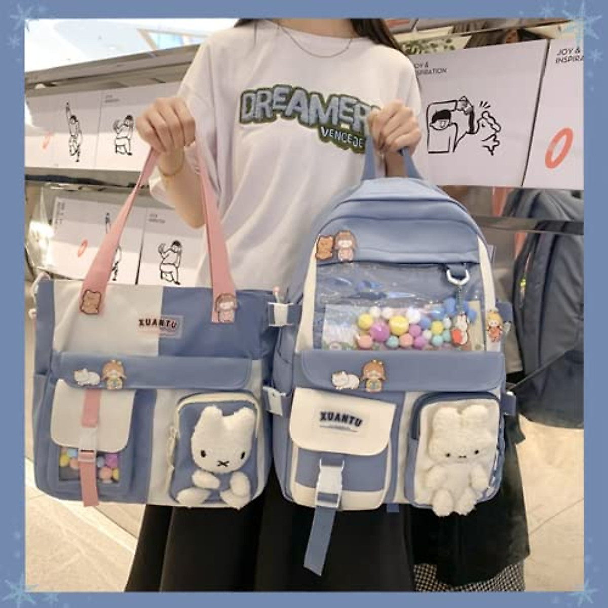 MeganJDesigns 2Pcs Kawaii Backpack for Teen Girls Aesthetic Student, Gift for Back to School, Travel Daypack Shoulder Bag Girls (Blue)