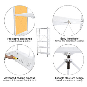 Muichi Folding Shelf 4-Tier, Foldable Shelves with Wheels, Heavy Duty Shelving Unit, Sturdy Metal Shelf Storage Organizer Rack for Kitchen, Garage, Home, Office, Garden (White)