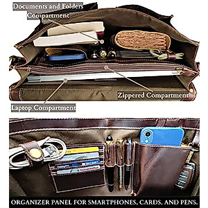 RUSTIC TOWN Handmade 16 inch Brown Leather Shoulder Briefcase Messenger Bag Men's 15.6-inch Laptop Satchel