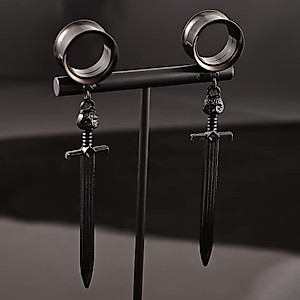 Atomhole 316 Hypoallergenic Stainless Steel Ear Gauges Cool Sword-Pendant Dangle Ear Plugs Tunnels Gauges Ear Stretching A Pair Selling 2g 0g Piercing Body Jewelry (25mm(1"), Black)