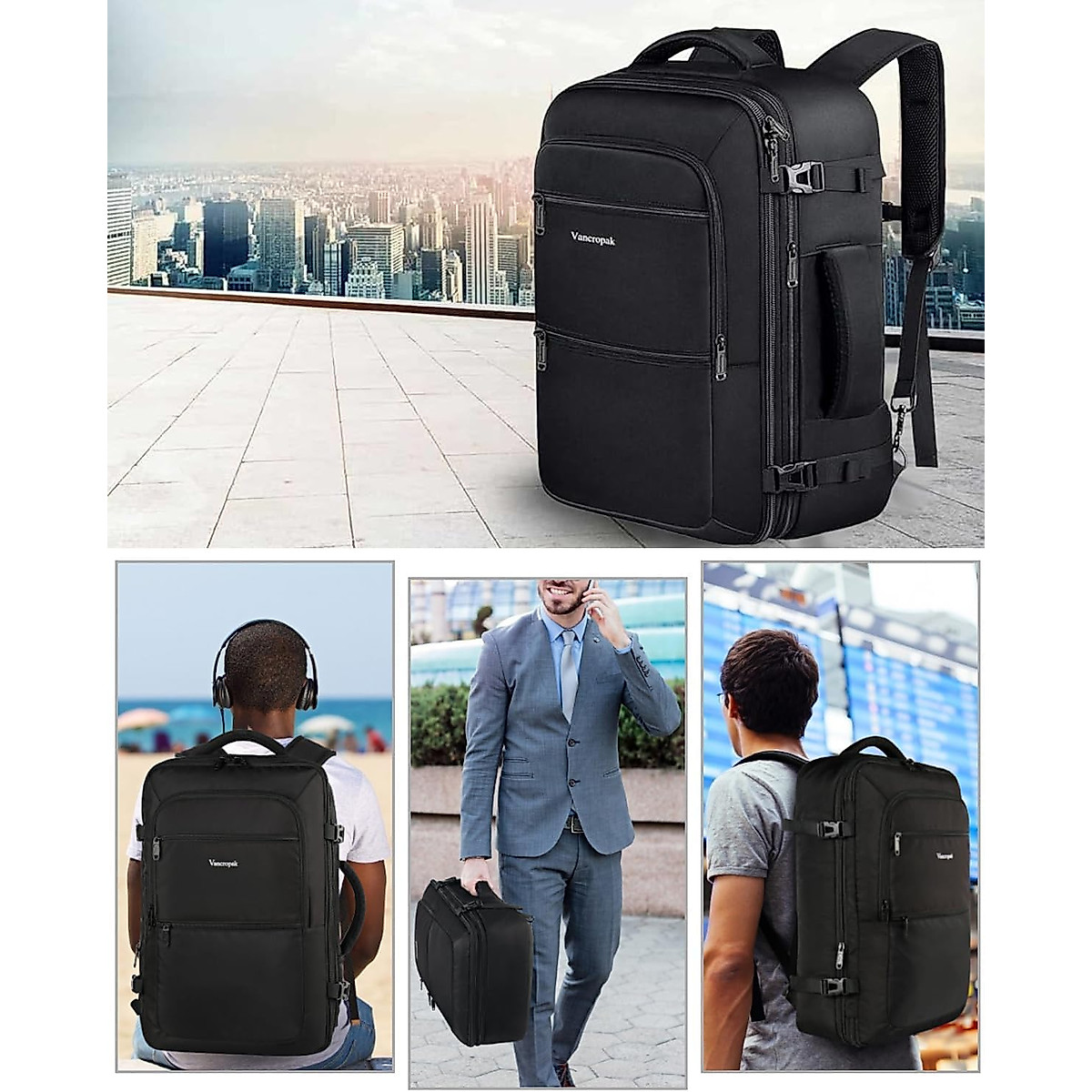 Vancropak Travel Backpack, 40L Flight Approved Carry On Backpack for Men & Women, Expandable Large Luggage Backpack Daypack Water Resistant Lightweight Business Weekender Bag, Black