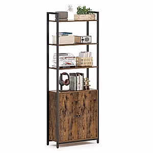 VASAGLE 6-Tier Bookshelf, Tall Bookcase with Door, Steel Frame, Adjustable Shelves, 9.4 x 23.6 x 62.8 Inches, Living Room Bedroom, Rustic Brown and Ink Black ULLS133K01