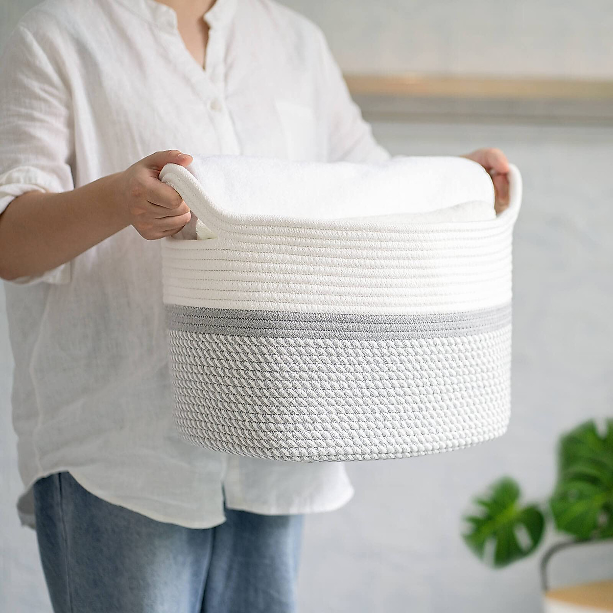 CHICVITA 3-Pack Cotton Rope Storage Baskets, Cube Basket, Under Shelf Basket, Basket Set for Nursery, Books, Socks Towels, Blankets, Gray