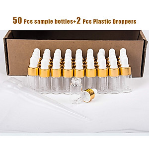 Easeen 50 Pcs Sample Dropper Bottles, 3ml Clear Mini Dropper Bottles with 2 Pcs Plastic Droppers for Traveling Essential Oils DIY Cosmetic Liquid Sample Perfume