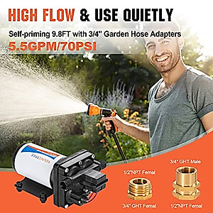 YOUNGTREE RV Fresh Water Pressure Pump 12V 5.5GPM 70PSI, On Demand Self Priming Water Pump 12Volt include 3/4" Garden Hose Adapters for Yacht Agricultural Irrigation Spraying Kitchen