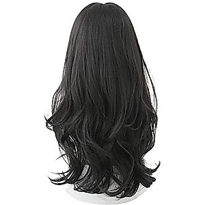 Long Black Body Wave Wigs with Bangs - 24 inch Glueless Synthetic Bodywave Wig, Heat Resistant Light Layered Wig for Girls Daily Party Cosplay
