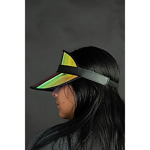 Nicky Bigs Novelties Clear Holographic Iridescent Mirrored Metallic Colored Plastic Sun Visor Tennis Beach Vegas Dealer Golf Hat, Oil Slick