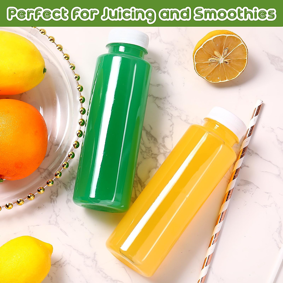 Thenshop 24 Pcs 12 oz Clear Plastic Juice Bottles with White Tamper Evident Lids Reusable Beverage Bottles Empty Drink Containers for Juicing Milk Smoothie Water Fridge Storage