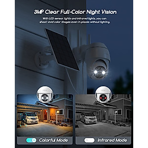 Security Camera Outdoor, 360° PTZ Security Cameras Wireless Outdoor Solar Powered, 2.4G Wireless WiFi Cameras for Home Security, 2K Night Vision, PIR Detection, 2 Way Audio,IP66,SD/Cloud Storage