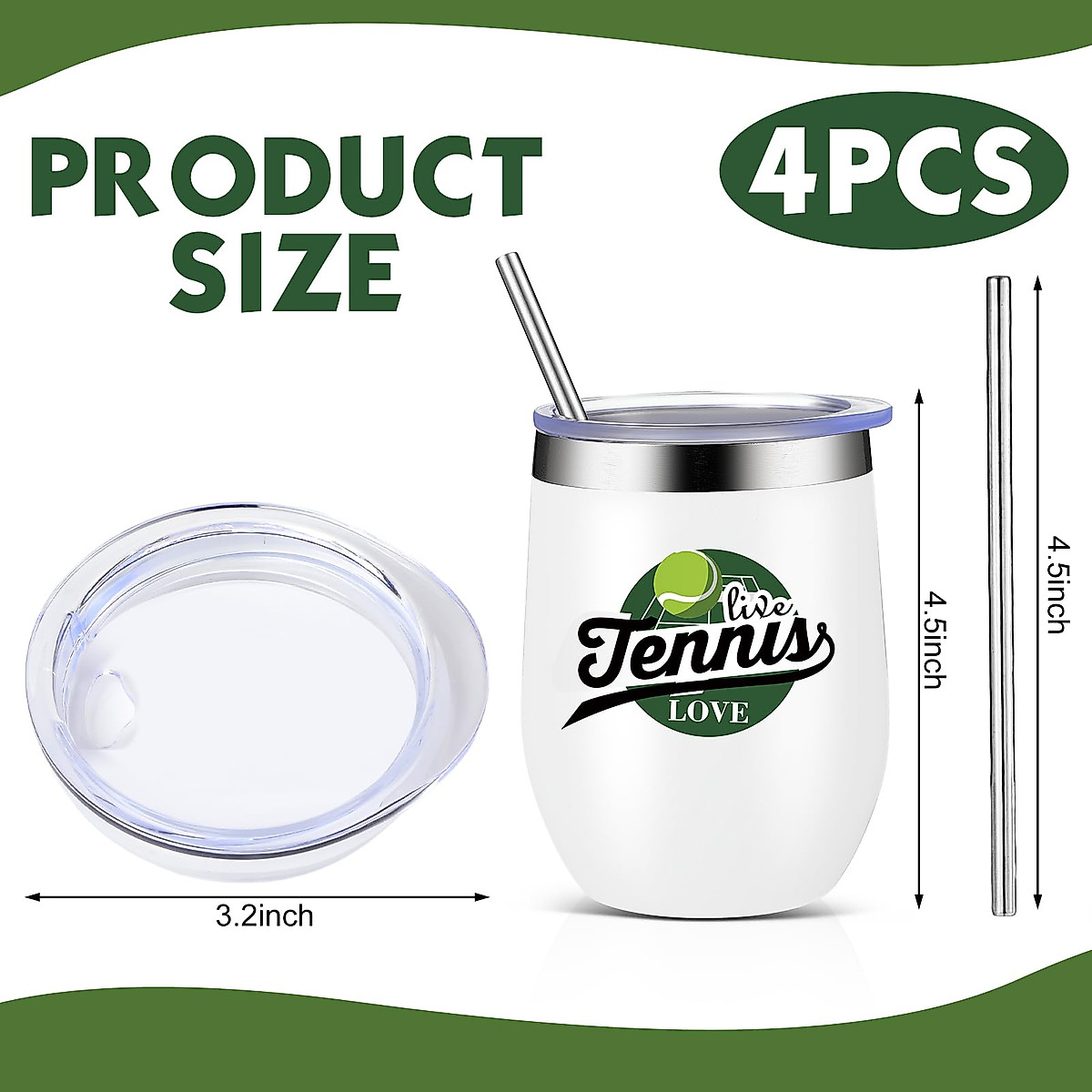 Mifoci 4 Pcs Tennis Tumbler Cups 12 oz Insulated Stainless Steel Wine Glass Tennis Wine Tumbler Gift Tennis Travel Mug with Straw and Lid Tennis Coffee Mug Cup Tennis Gifts for Women Men Tennis Lovers