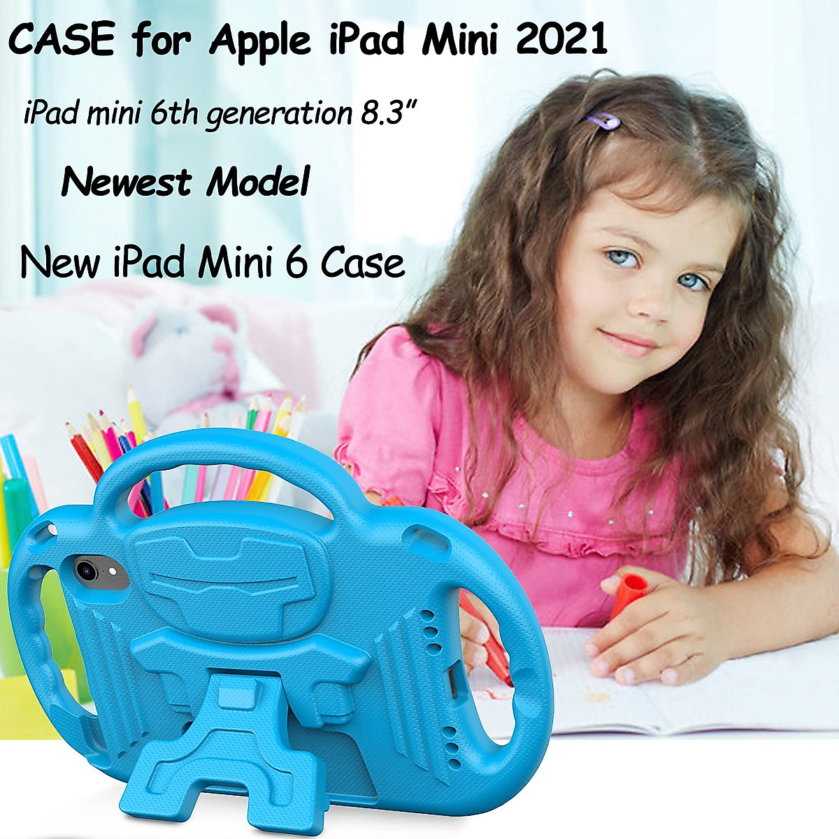 LTROP Kids Case for 2024 iPad Mini 7 & 2021 iPad Mini 6, Shockproof Handle Stand Shoulder Strap Kids Bumper Case for iPad Mini Tablet, Blue