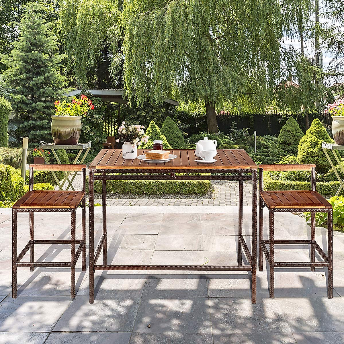 Tangkula 3 PCS Patio Bar Table Set, Outdoor Rattan Bar Set Bistro Set with Acacia Wood Top, Wood Table Set with 2 Bar Chairs for Dining Room, Backyard, Patio and Balcony