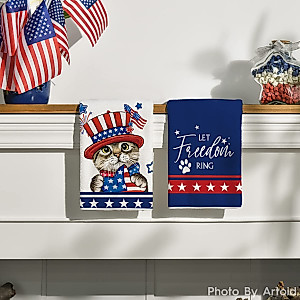 Artoid Mode Cat American Flag Stars Freedom 4th of July Kitchen Towels Dish Towels, 18x26 Inch Seasonal Decoration Hand Towels Set of 2