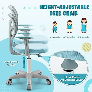 LDAILY Kids Desk Chair, Adjustable Height Computer Chair with Wheels, Armrest, Y-Shaped Lumbar Support, Soft Cushion, 360°Swivel Small Office Chair for Girls Boys Student Aged 4-12 (Blue)