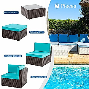 Walsunny 7 Pieces Patio Outdoor Brown Rattan Furniture Conversation Sets, All Weather Sectional Sofa Manual Weaving Wicker with Washable Couch Cushion & Tea Table (Blue)