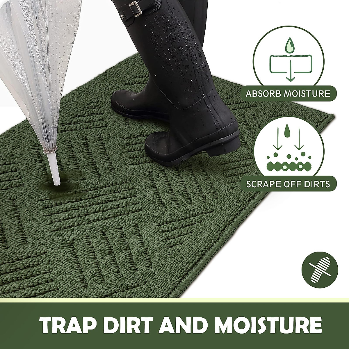 JEEDOVIA Door Mat Indoor Doormat,Front Back Door Mats Non Slip Entrance Rugs Rubber Backing,Inside Doormats for Entryway Low-Profile Absorbent Resist Dirt Floor Mats Washable Green,24"x36"