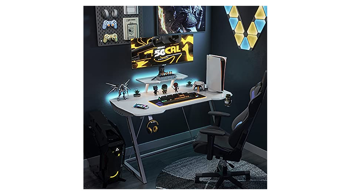 MOTPK White Gaming Desk with LED Lights - Ergonomic Style