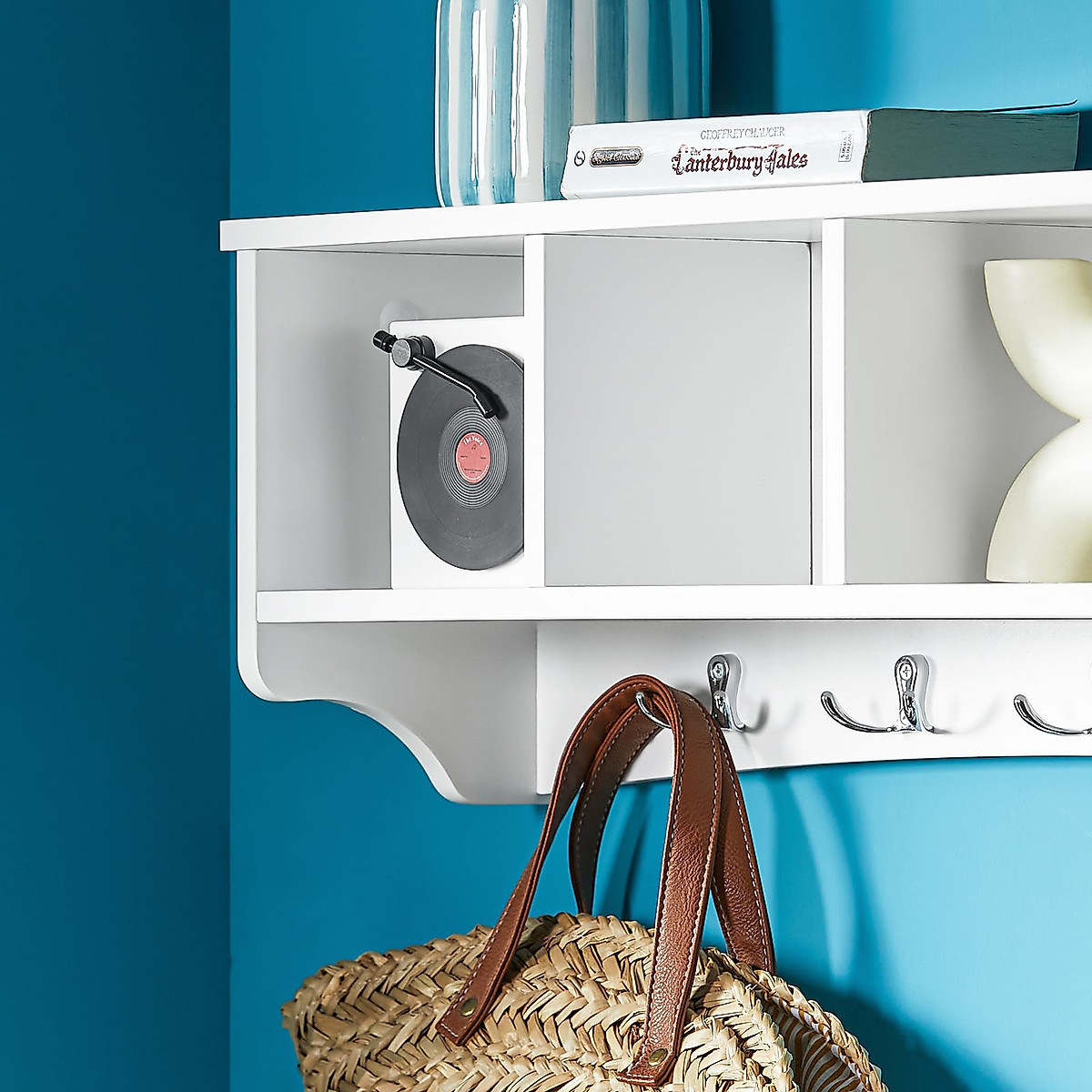 Haotian White Wall Shelf with Coat Hooks, Wall Coat Rack Entryway, Display Storage Unit with 4 Components 5 Bathroom Kitchen Cupboard, FRG48-L-W