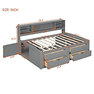 DNChuan Full Size Daybed with Storage Drawers and Bookshelf Headboard,Captains Bed and Underneath 2 Cabinets for Kids Boys Adults Girls,Gray