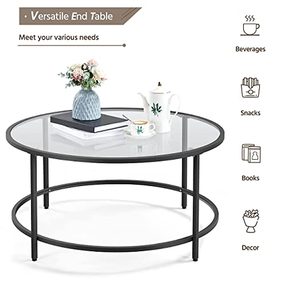 Yaheetech 36in Modern Coffee Table,Black Round Tempered Glass Coffee Tables w/Protective Foot Pads,Metal Structure & Reinforced Frame for Living Room,Dining Room,Apartment,Small Space