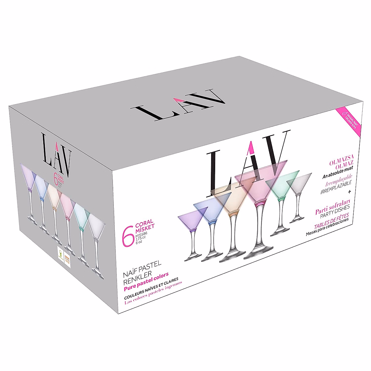 lav Multicolored Martini Glasses Set of 6 - Colorful Martini Cocktail Glass Set - Party Drinkware for Elegant Cocktails - Dishwasher Safe - Made in Europe
