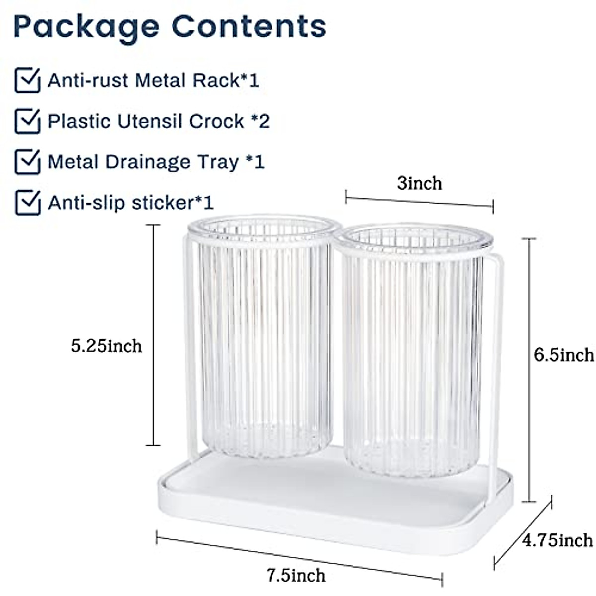 janebeauties Kitchen Utensil Holder for Countertop, Silverware Caddy with Metal Rack, Flatware Storage Cutlery Crock,Plastic 2-Cups Utensil Caddy Drying Utensil Container With Drain Tray for Party