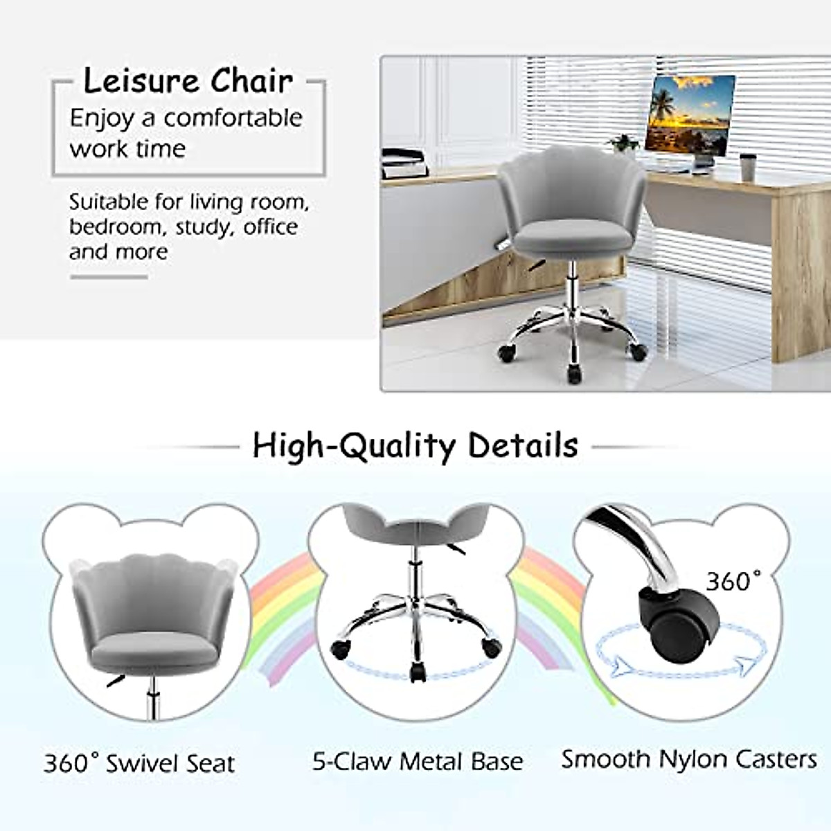 Giantex Kids Desk Chair, Comfy Home Office Task Chair with Wheels, Upholstered Velvet Seashell Back Vanity Chair, Cute Modern Computer Chair for Girls, Adjustable Swivel Rolling Arm Chair, Grey