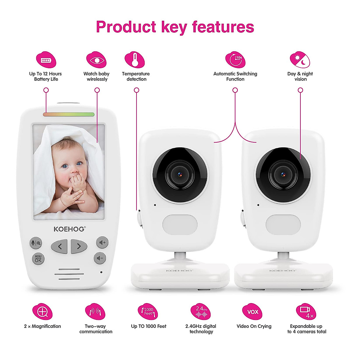 Axvue Video Baby Monitor, Slim Handheld, Non-Slip Design, 2.8" Vertical Screen Monitor & 2 Camera, Range up to 1000ft, 18 Hour Battery Life, 2-Way Talk, Night Vision, Temperature Monitor, No WiFi.