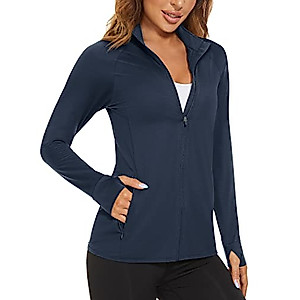 MAGCOMSEN Women's Lightweight Athletic Jacket Zipper Running Shirts Quick Dry Long Sleeve Sun Protection Shirts Navy 2XL