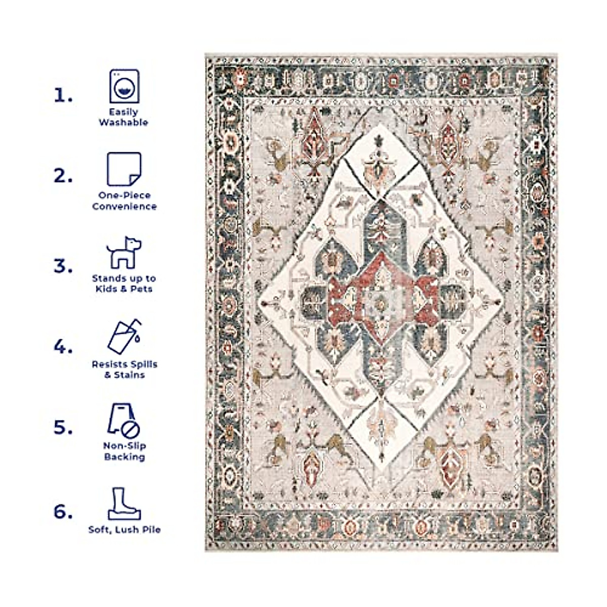 nuLOOM Mali Machine Washable Traditional Medallion Ultra Thin Area Rug, 8' x 10', Ivory