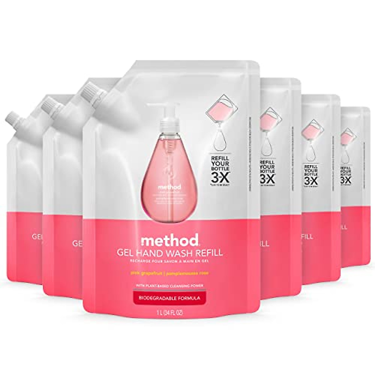 Method Gel Hand Soap Refill, Pink Grapefruit, Biodegradable Formula, 34 fl oz (Pack of 6)