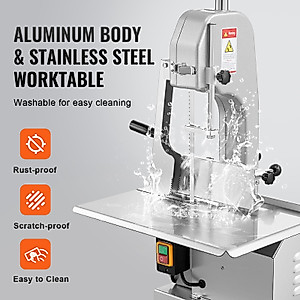 VEVOR Commercial Electric Meat Bandsaw, 650W Stainless Steel Countertop Bone Sawing Machine, Workbeach 12.4" x 18.1", 4.33 Inch Max Cutting Thickness, Frozen Meat Cutter for Rib Pork Beef