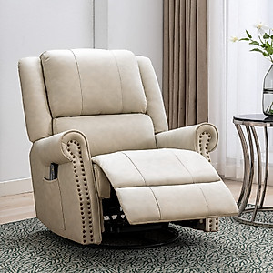 Vicluke Microfiber Technology Cloth Massage Recliner Chair 360°Swivel Heated, Faux Leather Ergonomic Recling Sofa with Rivet Decoration, Recliner Rocking Chair for Living Room, Office(Off-White)