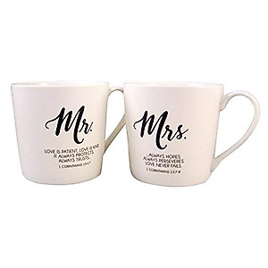 Mr. and Mrs. Coffee Mug Set with Love is Patient Bible Scripture, Set of 2, 12 Ounce
