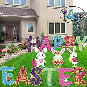 Easter Yard Sign | (14 Pcs) Large 17" Tall, Happy Easter Outdoor Lawn Decorations | Colorful, Bright Easter Props | Easy to Install Sign for Easter Party | By Anapoliz