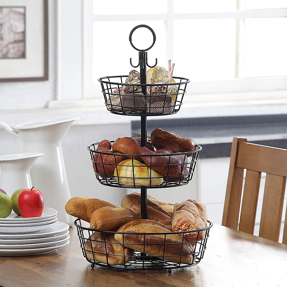 SunnyPoint Countertop French Country 3 Tier Wire Basket Stand For Storing & Organizing, Eggs, And More (3 Tier, Black)