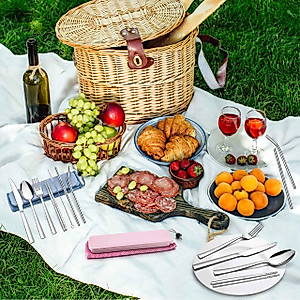 LIANYU 2 Pack Travel Silverware Set, 18-Piece Portable Utensils Flatware Set with Blue and Pink Case Bag, Reusable Cutlery Set for School Office Camping, Dishwasher Safe