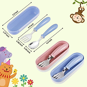 Kirecoo 4 Pieces Toddler Utensils Stainless Steel Baby Forks and Spoons Silverware Set Kids Silverware Children's Flatware Kids Cutlery Set with Travel Carrying Cases for Lunch Box (Blue＆Pink)