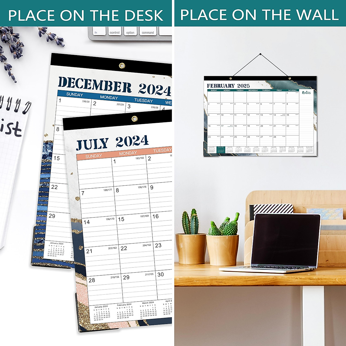 Desk Calendar 2023-2024 - 12 Monthly Desk/Wall Calendar 2-in-1, 16.9" x 11.9", July 2023 - December 2024 with Corner Protectors, Ruled Blocks - Pink by Artfan