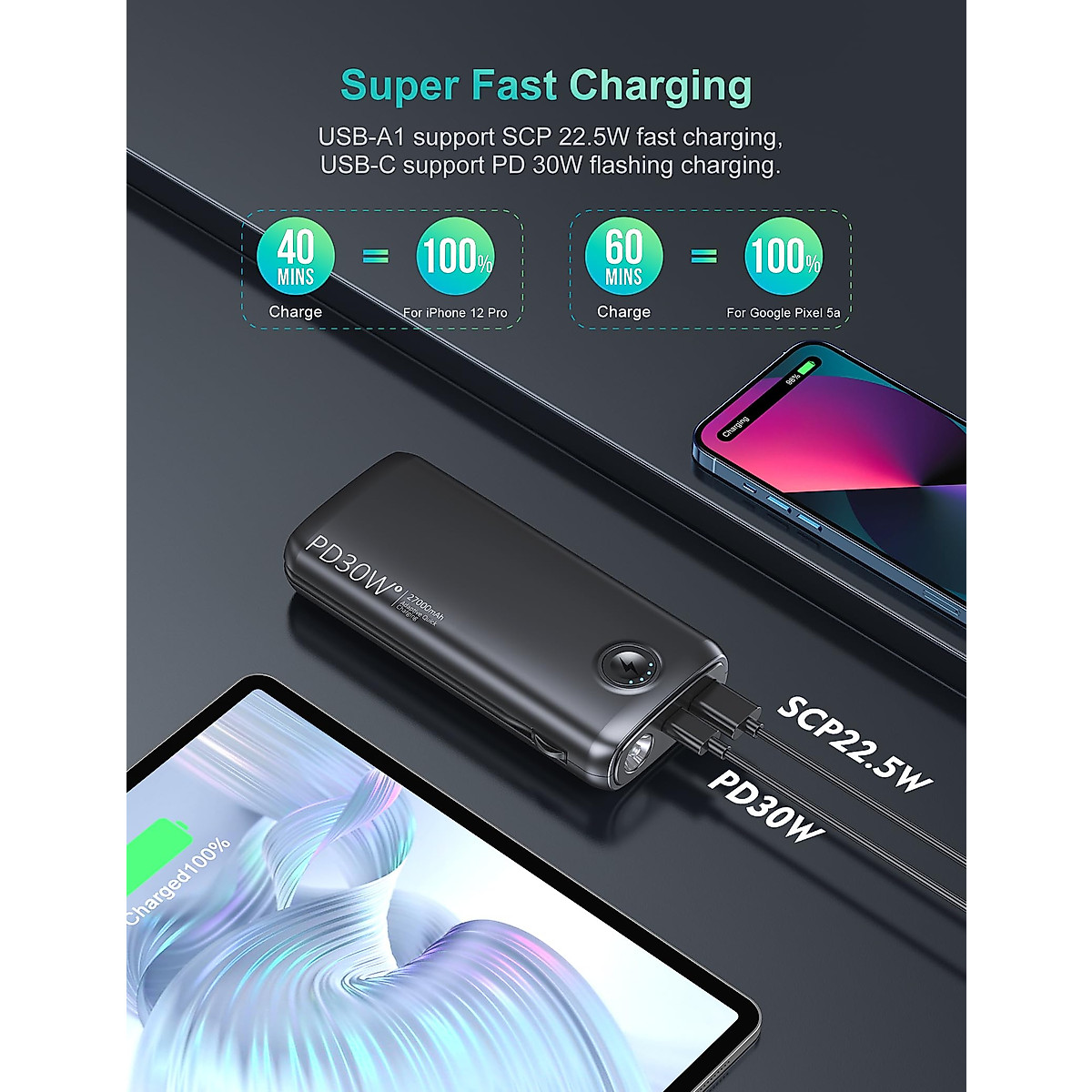 Dpdenoy Portable Charger with Built in Cable, 27000mAh Power Bank QC4.0 22.5W PD3.0 USB C Fast Charging, Phone Battery Pack with 3W Flashlight for iPhone, Samsung, Google, Tablet, and More