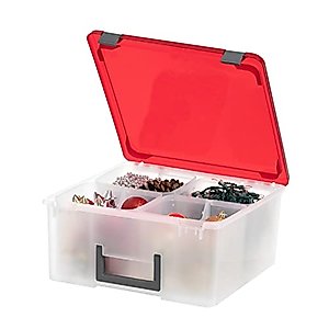 IRIS USA 26.7 Quart Portable Divider Christmas Storage Bin, 4-Compartment Container Tote Box with Removable Dividers for Ornaments Banners Garlands Decorative Cloths Pinecones Puppets, Clear/Red