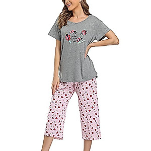 ENJOYNIGHT Womens Pajama Sets Cotton Pj Set Short Sleeve Top With Capri Pants Sleepwear 2 Piece Lounge Set(Large,Grey-Ladybug)